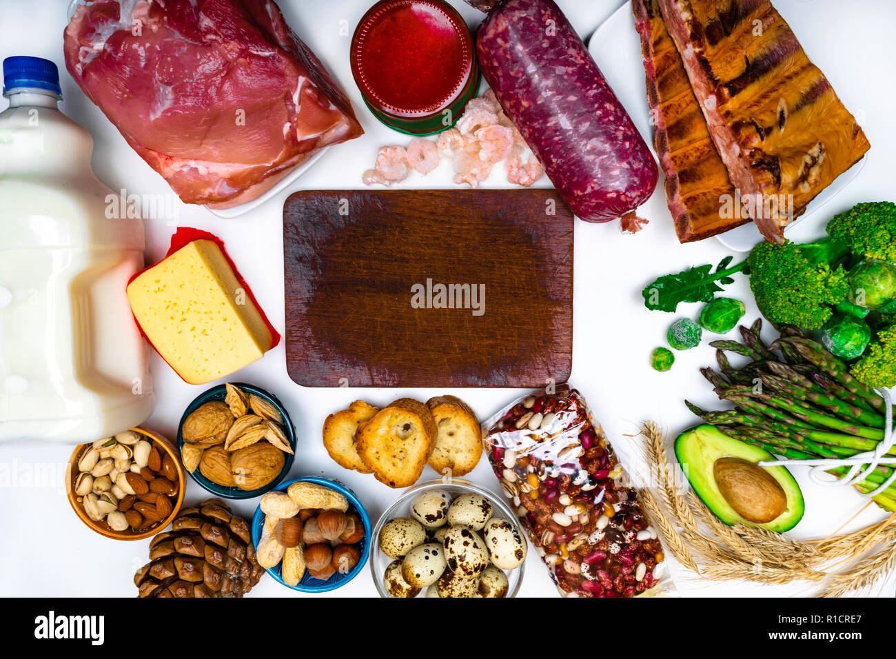 Food high in protein isolated on white background copy space Stock ...