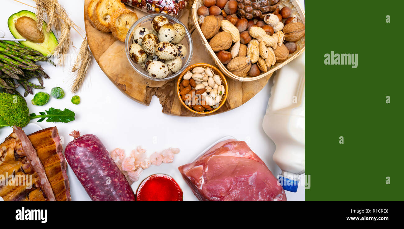 Food high in protein isolated on white background copy space Stock ...