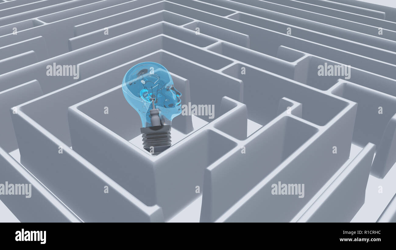 Light bulb in the center of the maze. Symbolic Solution Stock Photo - Alamy