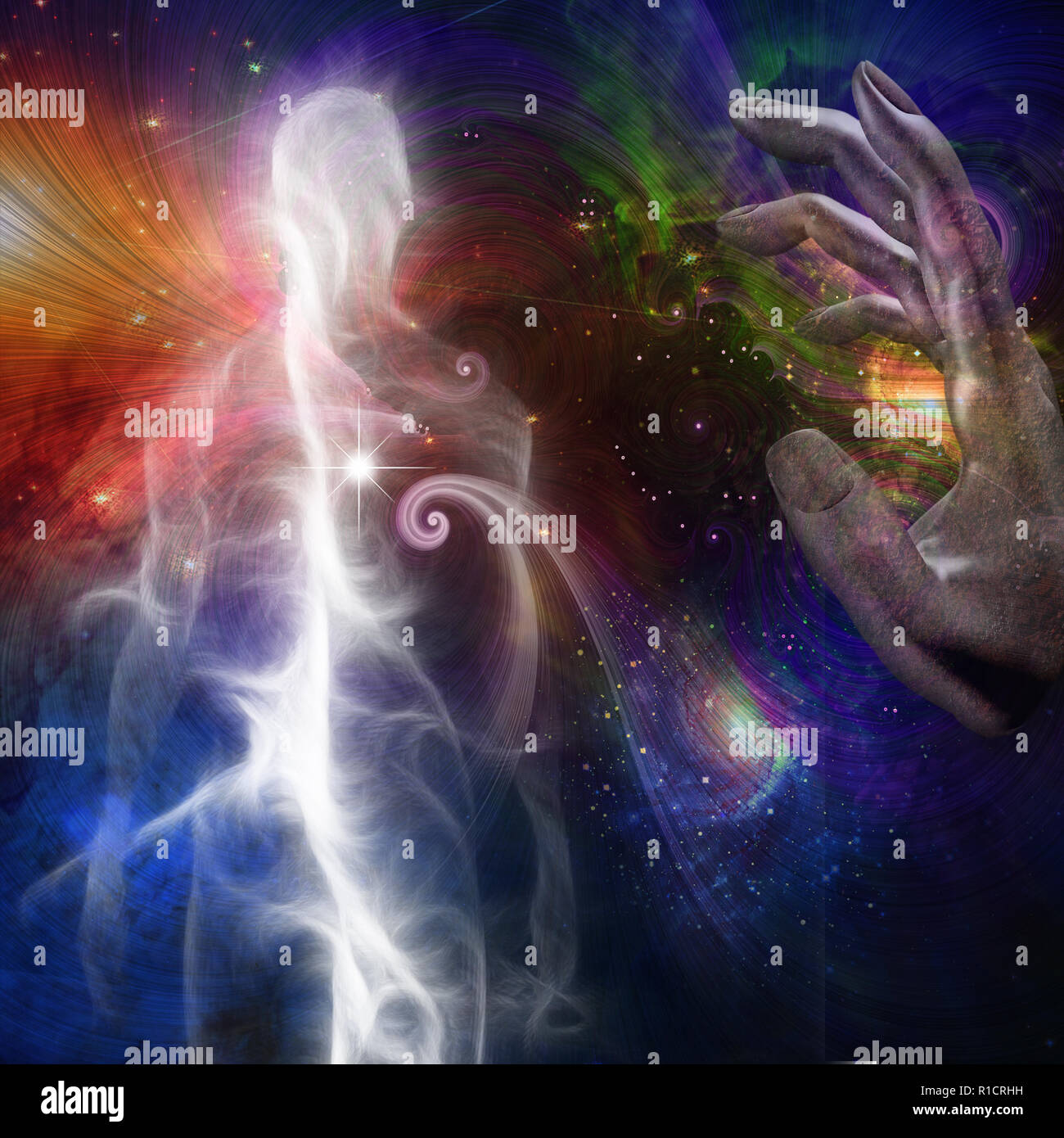 Hand of creator manipulate human's soul. Vivid universe background ...