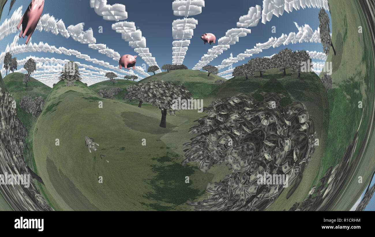 Symbolic composition. Trees of currency. Pink pigs flies in dollar ...