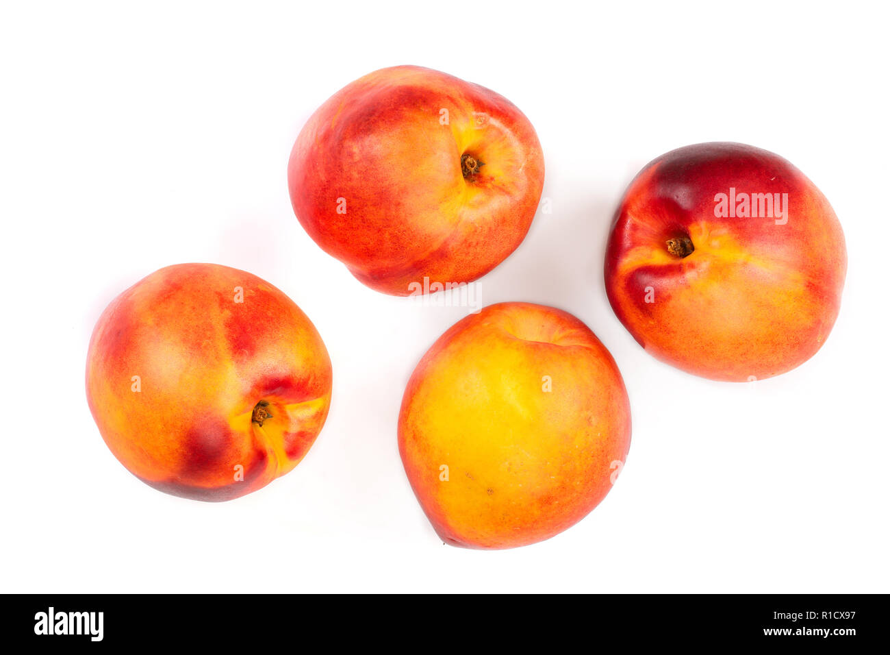 ripe nectarine with leaves isolated on white background. Top view. Flat ...