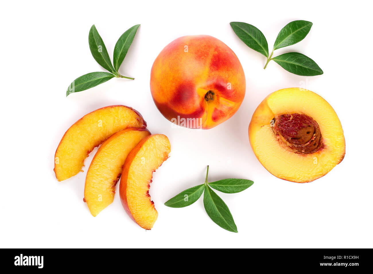 ripe nectarine with leaves isolated on white background. Top view. Flat ...