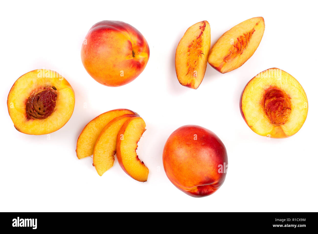 ripe nectarine isolated on white background. Top view. Flat lay pattern ...