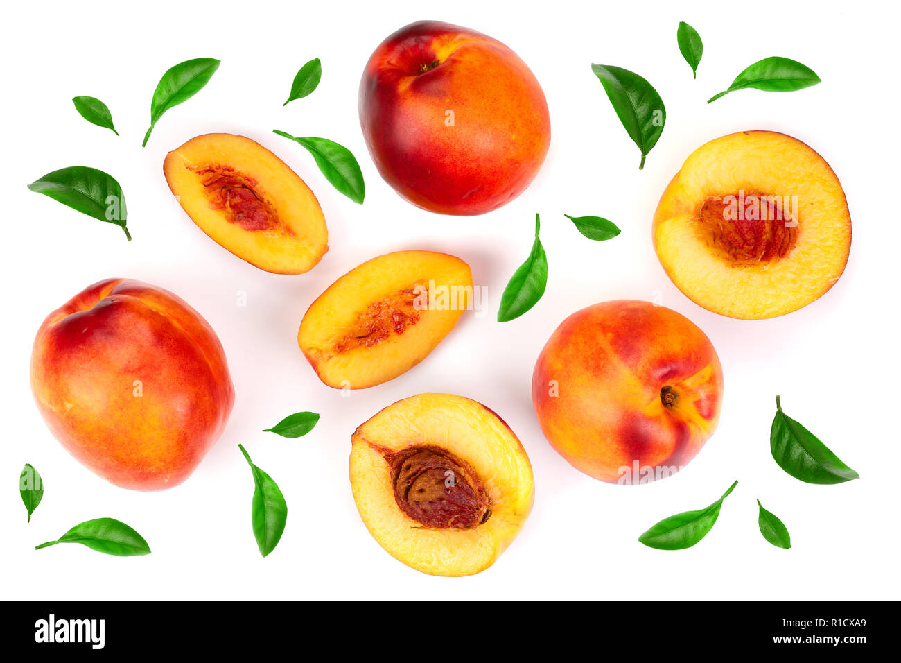 ripe nectarine with leaves isolated on white background. Top view. Flat ...