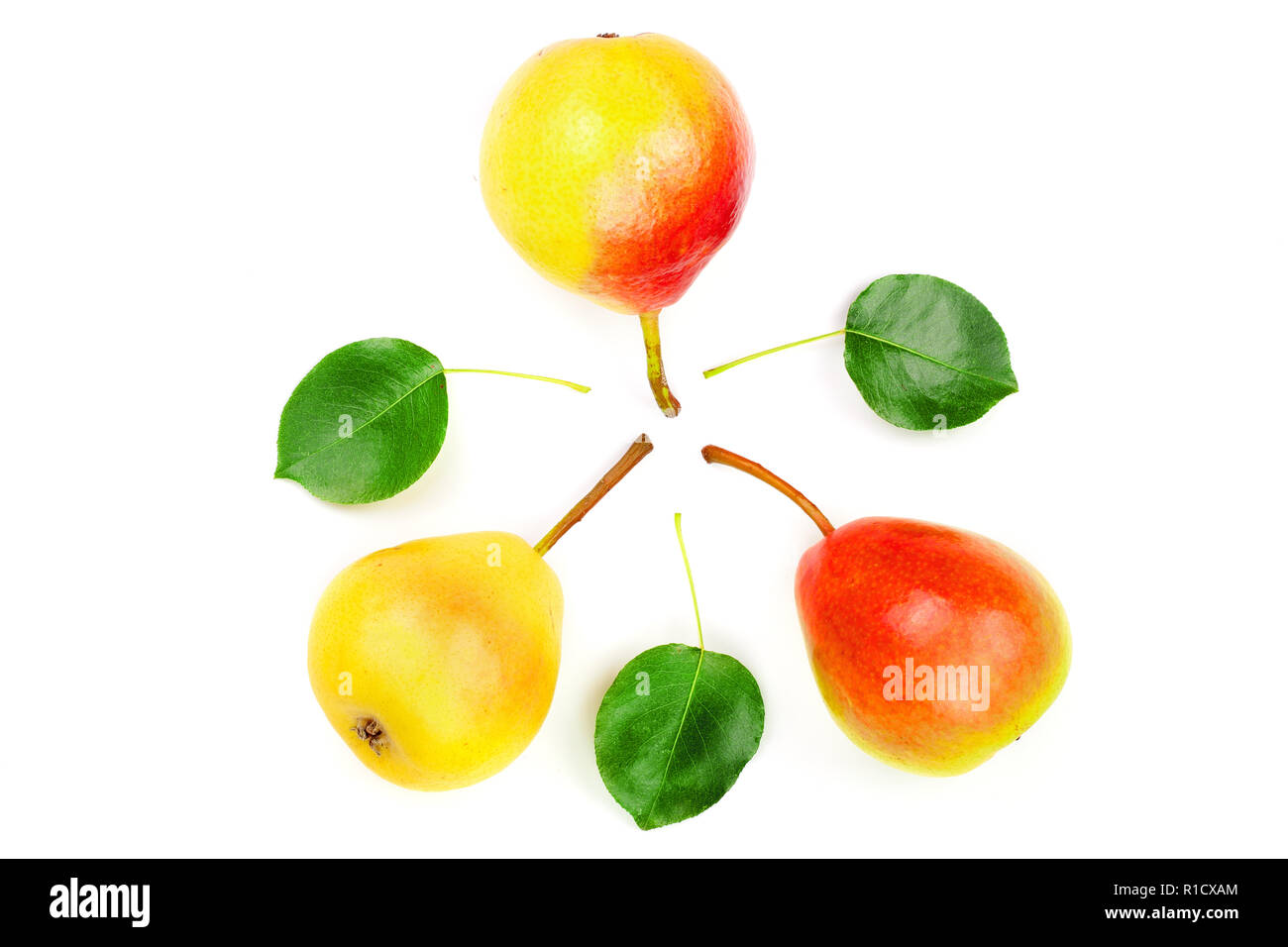 Three ripe red yellow pear fruits with leaf isolated on white ...