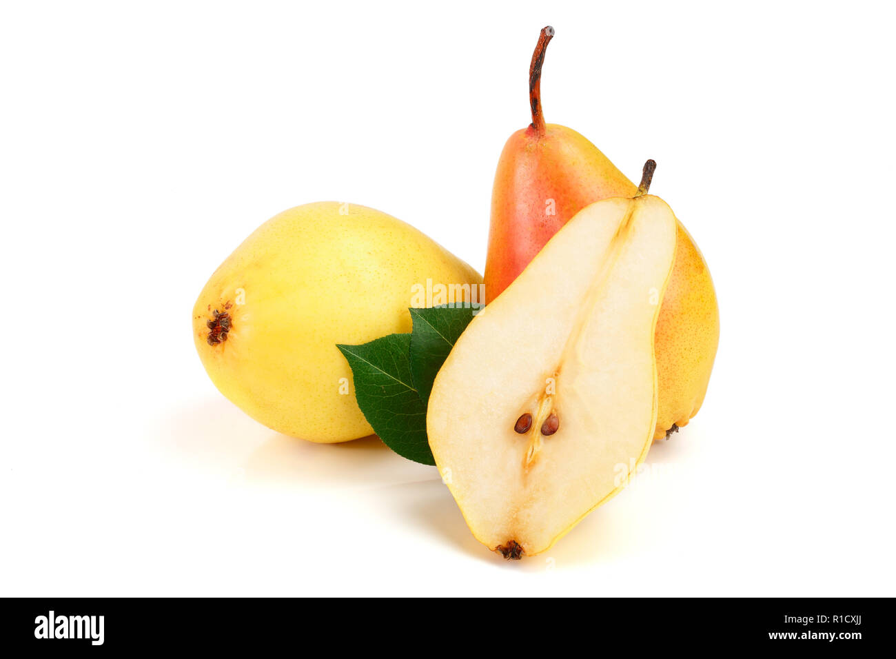 ripe red yellow pear with leaves fruits isolated on white background ...