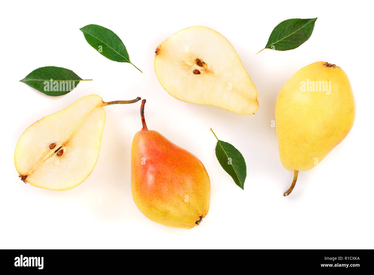 ripe red yellow pear fruits with leaves isolated on white background ...