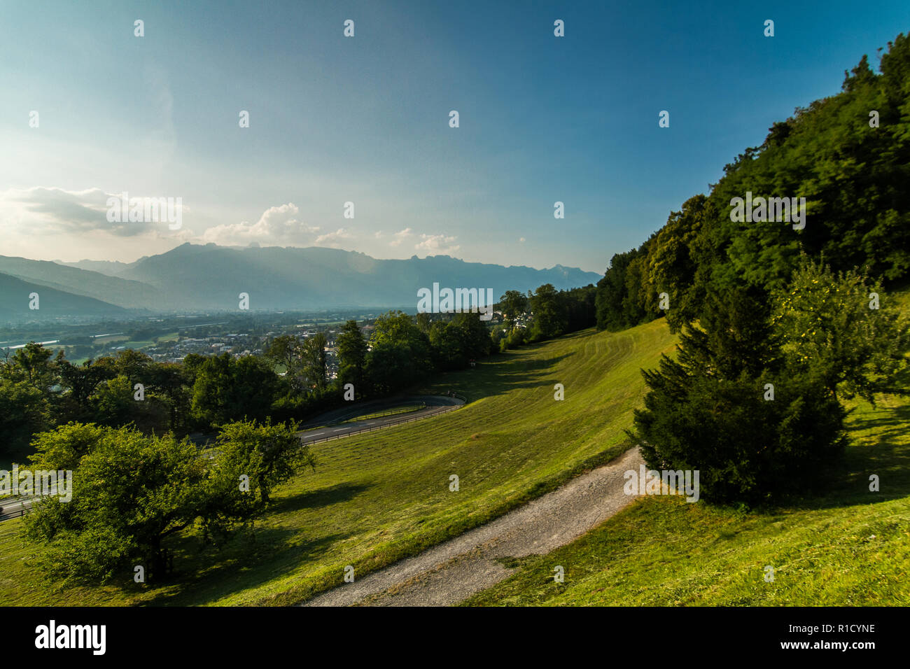 A Liechtenstein panorama with alps on background Stock Photo - Alamy