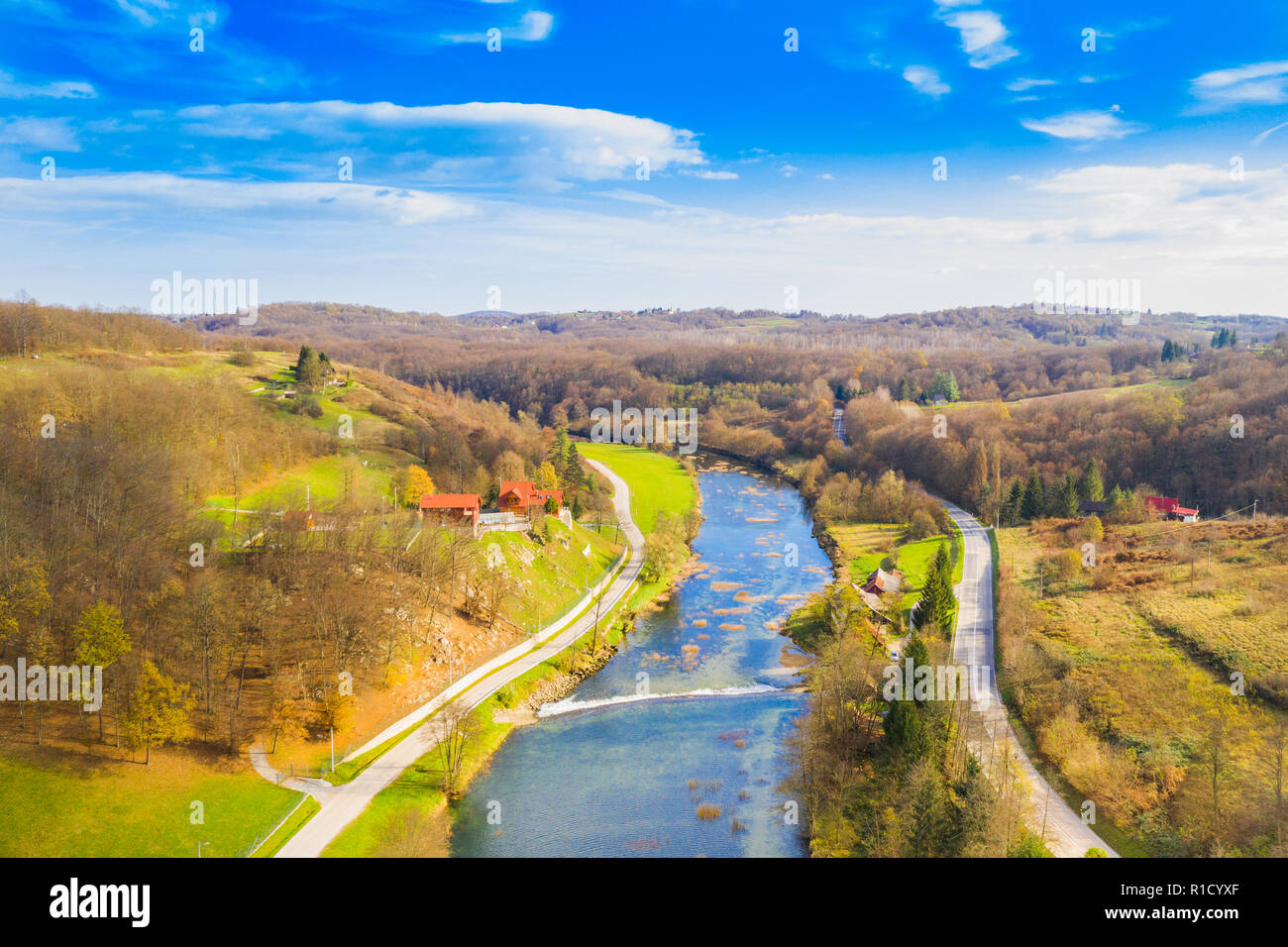 Croatia, Dobra river valley from air, panoramic view of beautiful ...