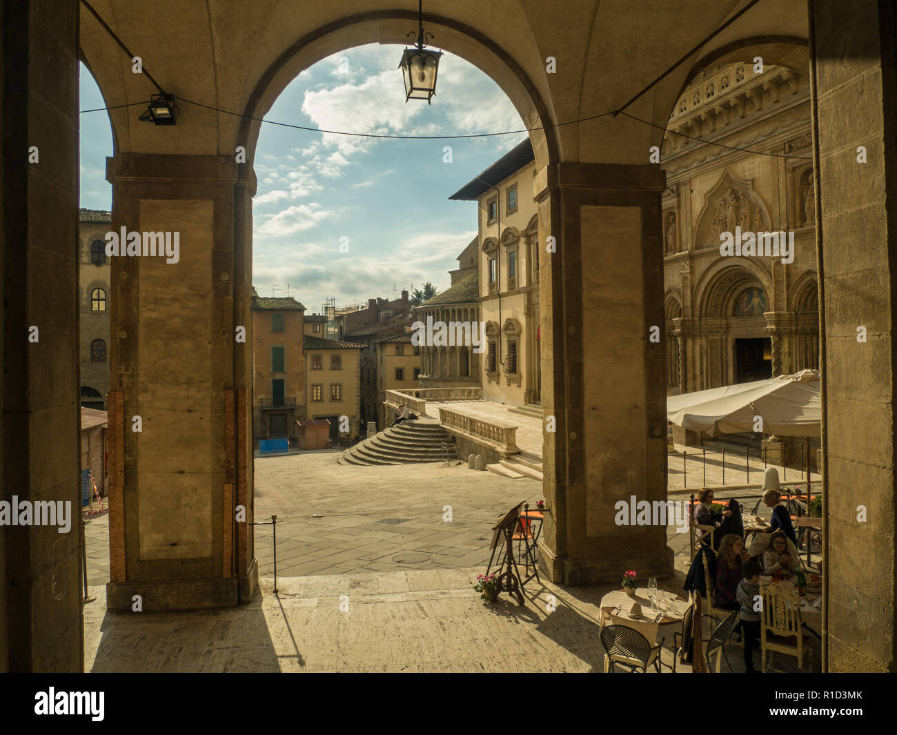 Medieval Piazza Grande, main town square in the city of Arezzo, Tuscany, Italy. The rotunda of ...