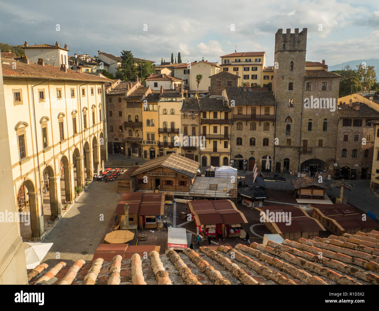 Medieval Piazza Grande, main town square in the city of Arezzo, Tuscany, Italy, with the wooden ...
