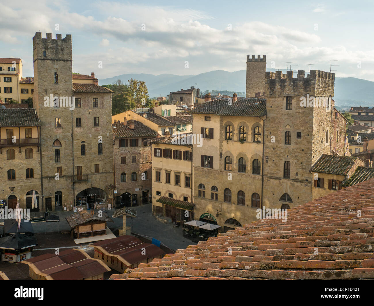 Medieval Piazza Grande, main town square in the city of Arezzo, Tuscany ...