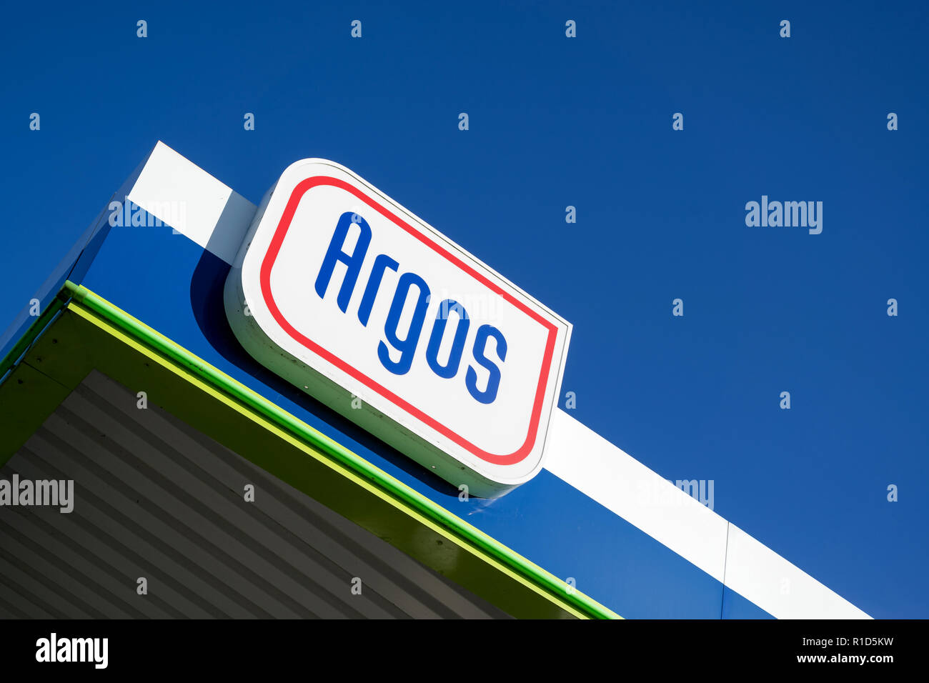 Argos sign at gas station. Argos is a Dutch gas station brand and part ...