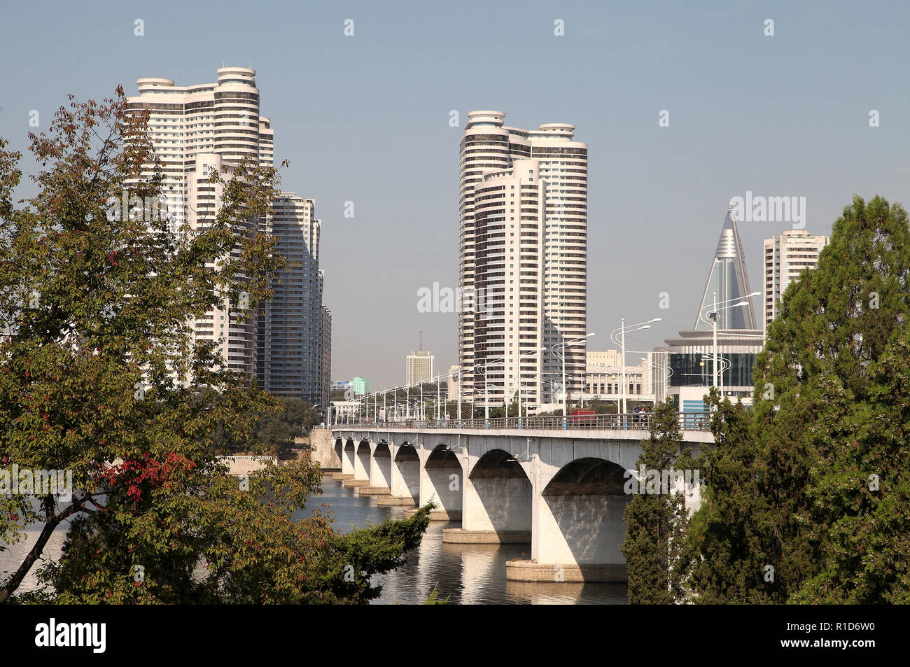 Bridge over the Taedong River which runs through Pyongyang in North ...