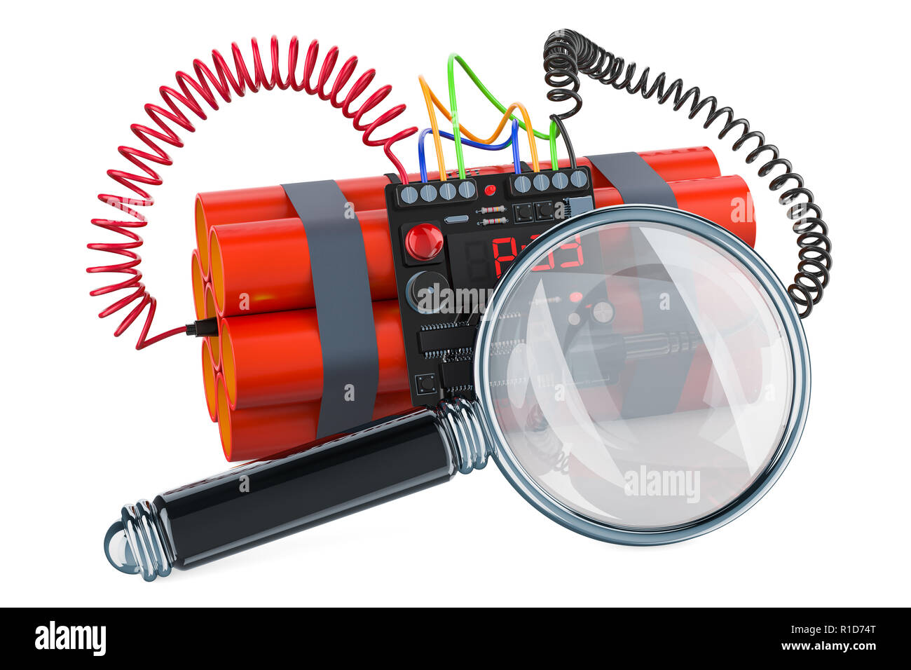 Magnifier with timer bomb, 3D rendering isolated on white background ...