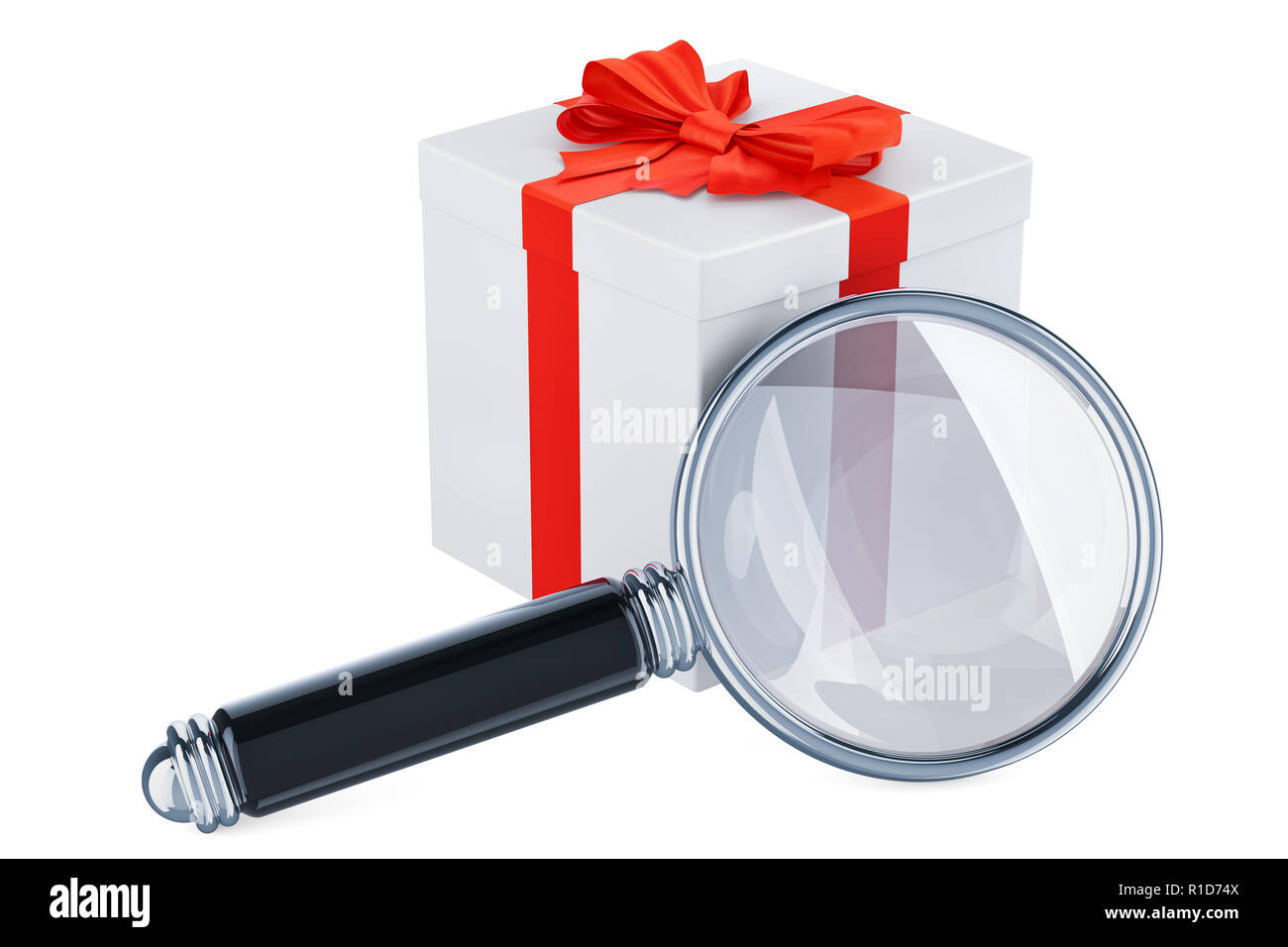 Magnifying glass with gift box. Gift search concept. 3D rendering ...