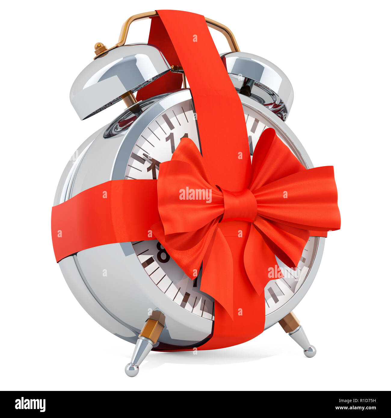 Alarm clock with bow and ribbon, gift concept. 3D rendering isolated on ...