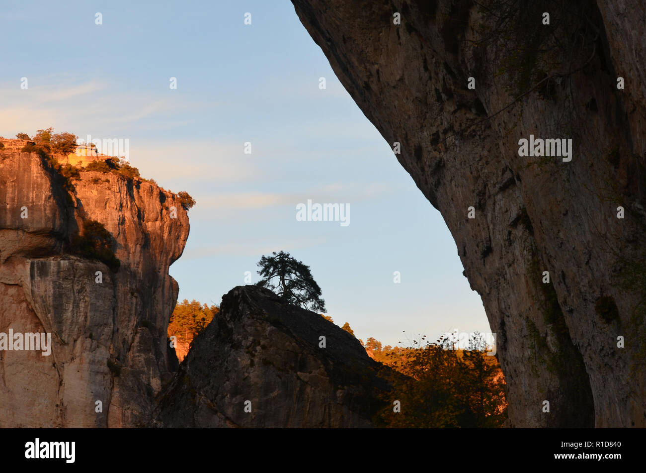 Eroded karstic limestone cliffs in the Guadiela river gorge (“Hoz de ...