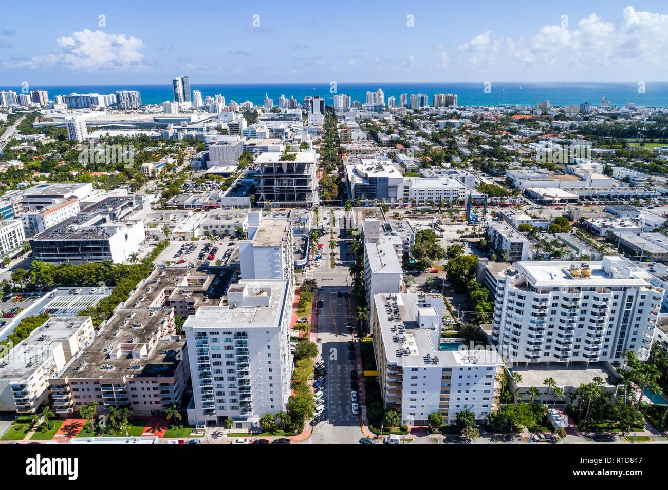 Miami Beach Florida,aerial overhead view,Lincoln Road city skyline ...
