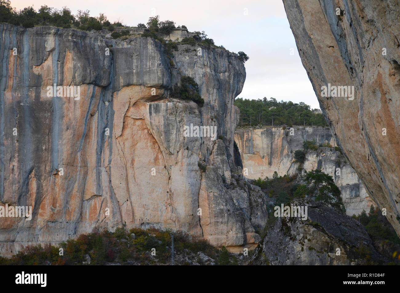 Eroded karstic limestone cliffs in the Guadiela river gorge (“Hoz de ...