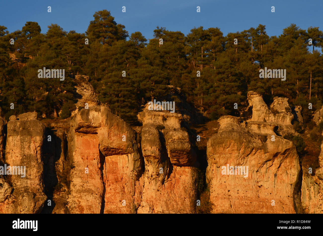 Eroded karstic limestone cliffs in the Guadiela river gorge (“Hoz de ...