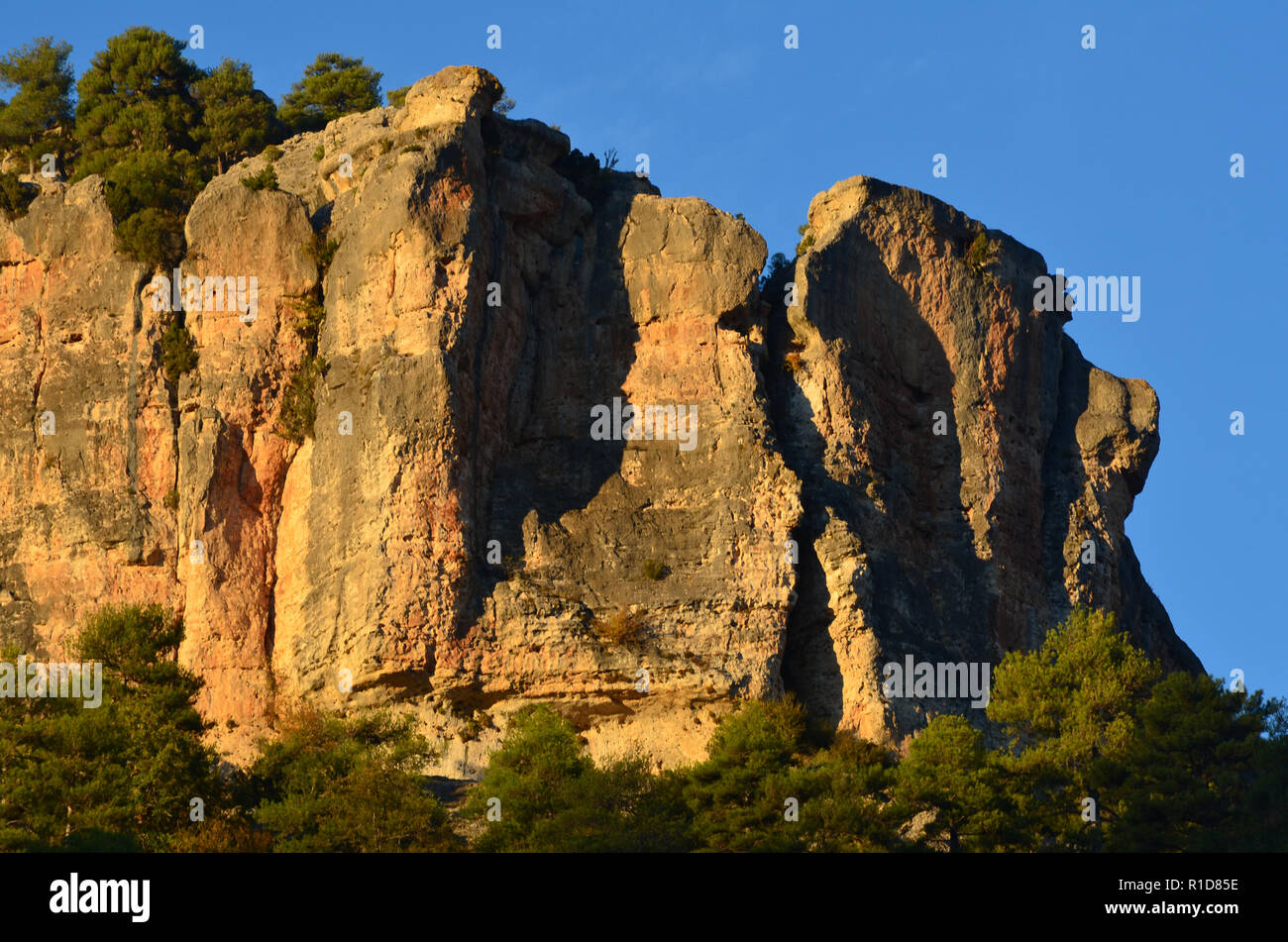 Eroded karstic limestone cliffs in the Guadiela river gorge (“Hoz de ...