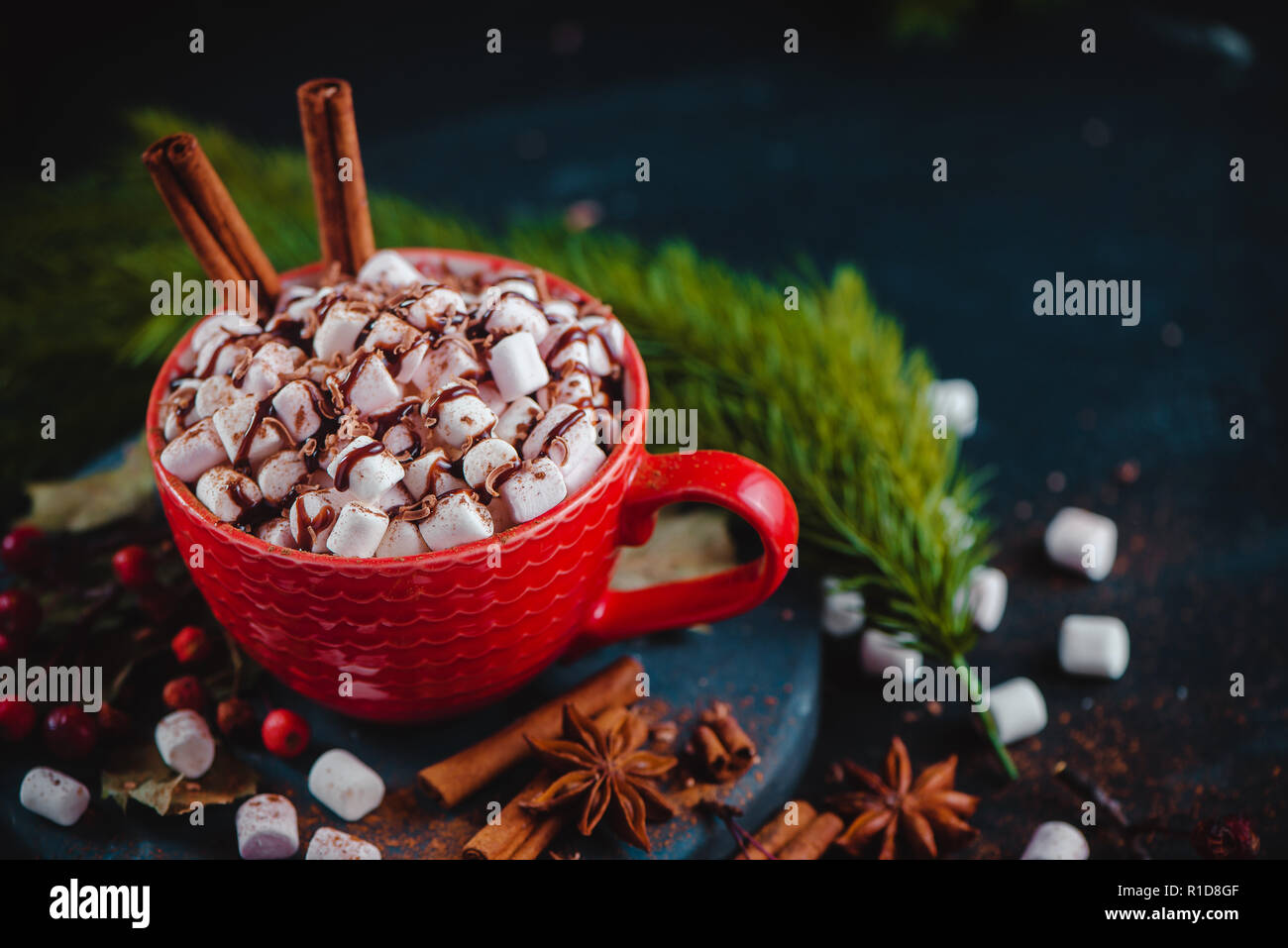 Christmas cocoa header with marshmallows, chocolate crumbs, and syrup ...