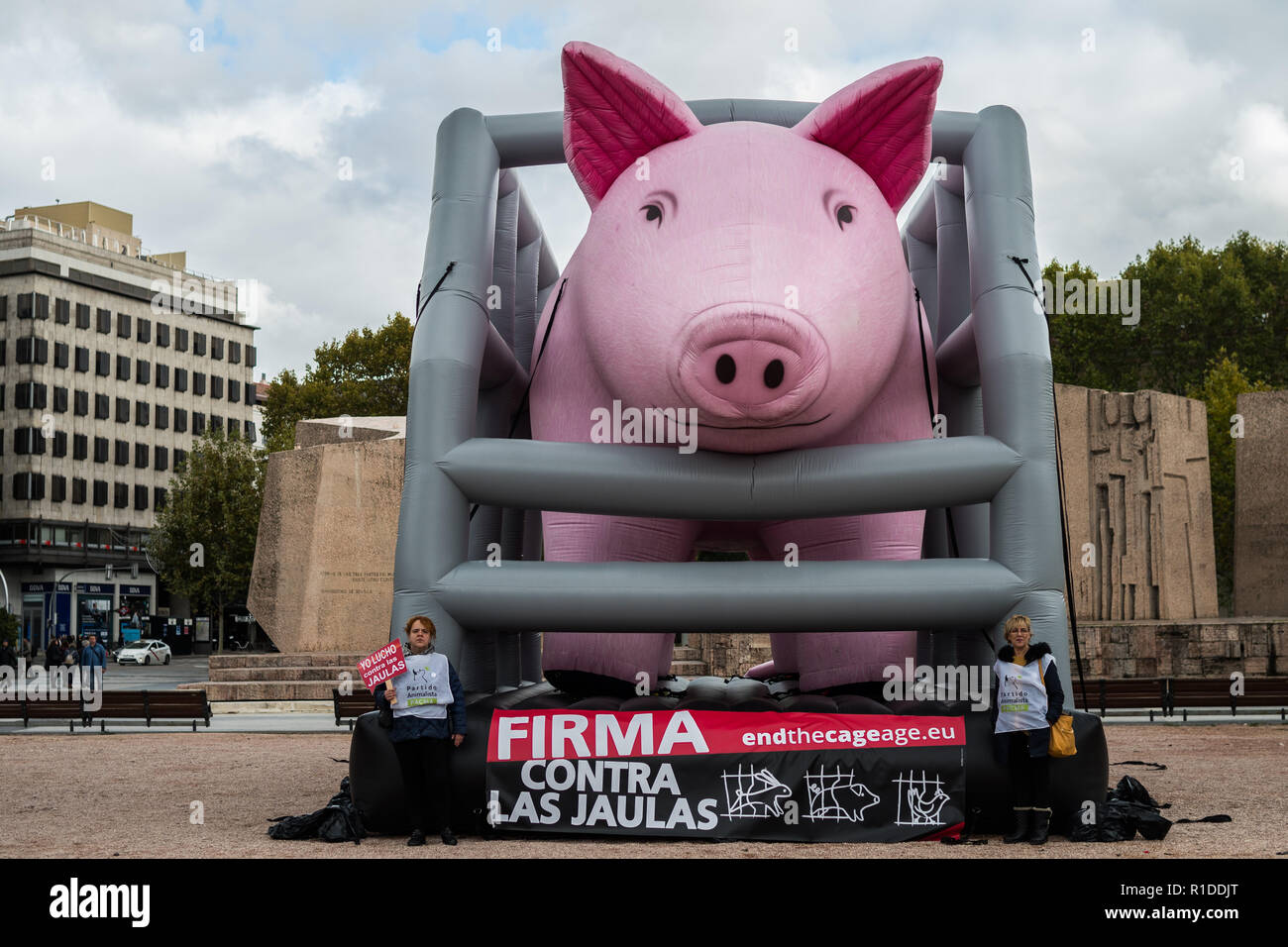 Madrid, Spain. 11th Nov, 2018. A giant inflatable pig in Colon Square ...