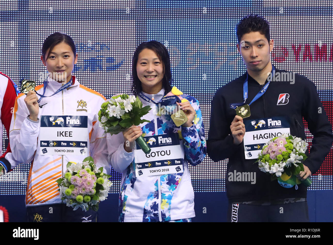 Tokyo, Japan. 11th Nov, 2018. (L-R) Rikako Ikee, Mayuko Goto, Kosuke Hagino (JPN) Swimming ...