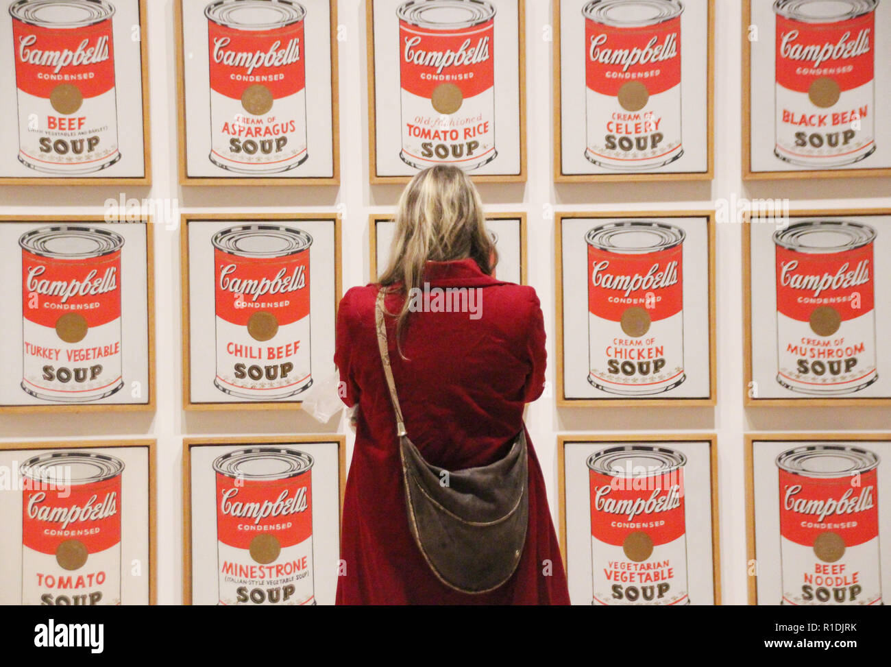 New York, USA. 06th Nov, 2018. A visitor stands in front of Andy Warhol's work "Campbell's Soup ...