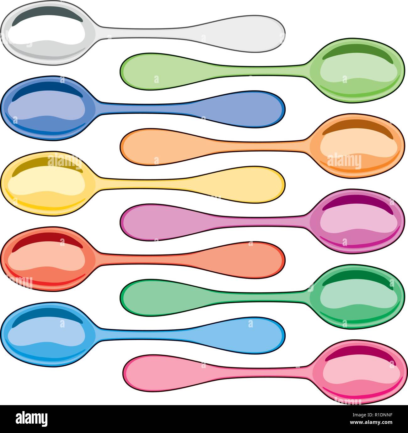 vector colorful set of metal and plastic dining spoons isolated on ...