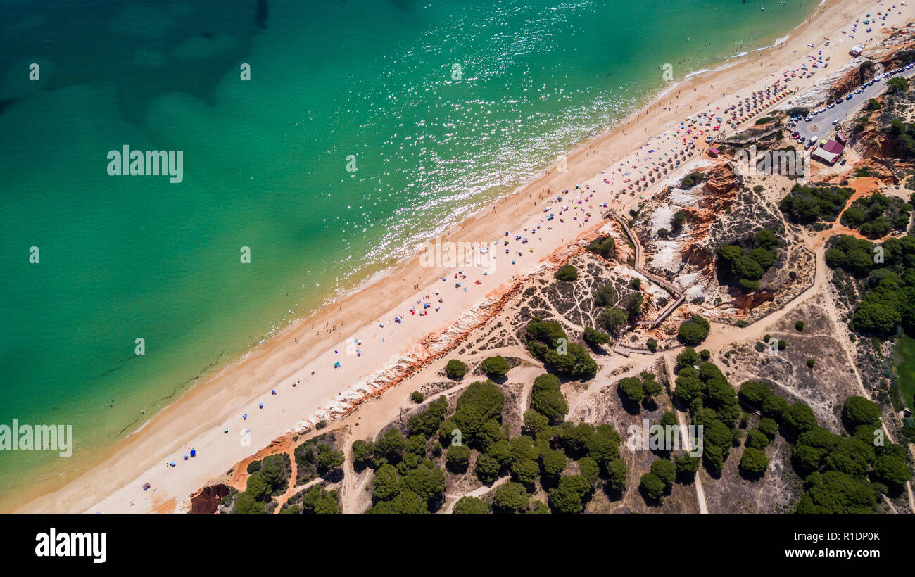 Aerial view of Algarve Beach. Beautiful Falesia beach from above in ...