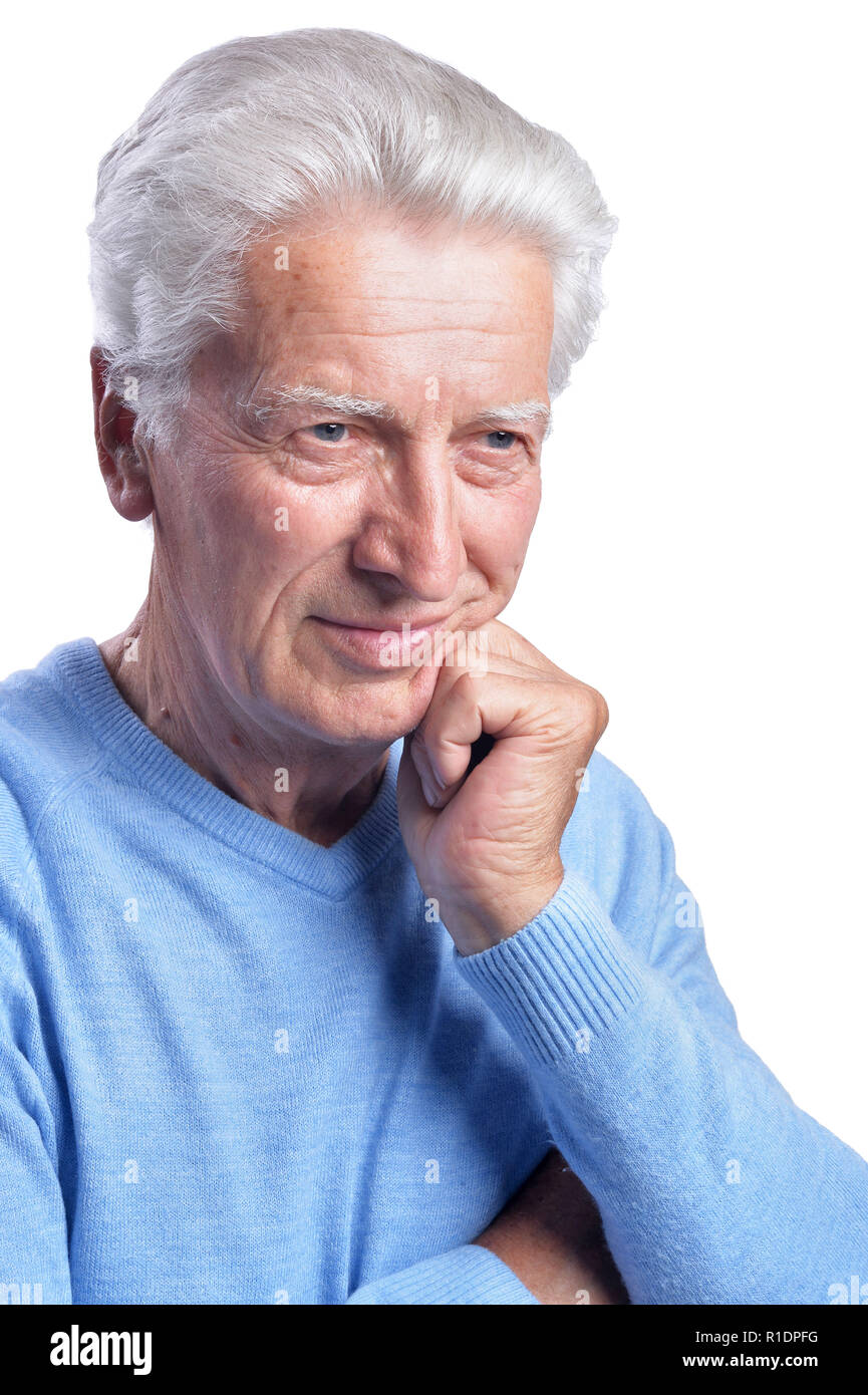 Portrait of thinking senior man on white background Stock Photo - Alamy