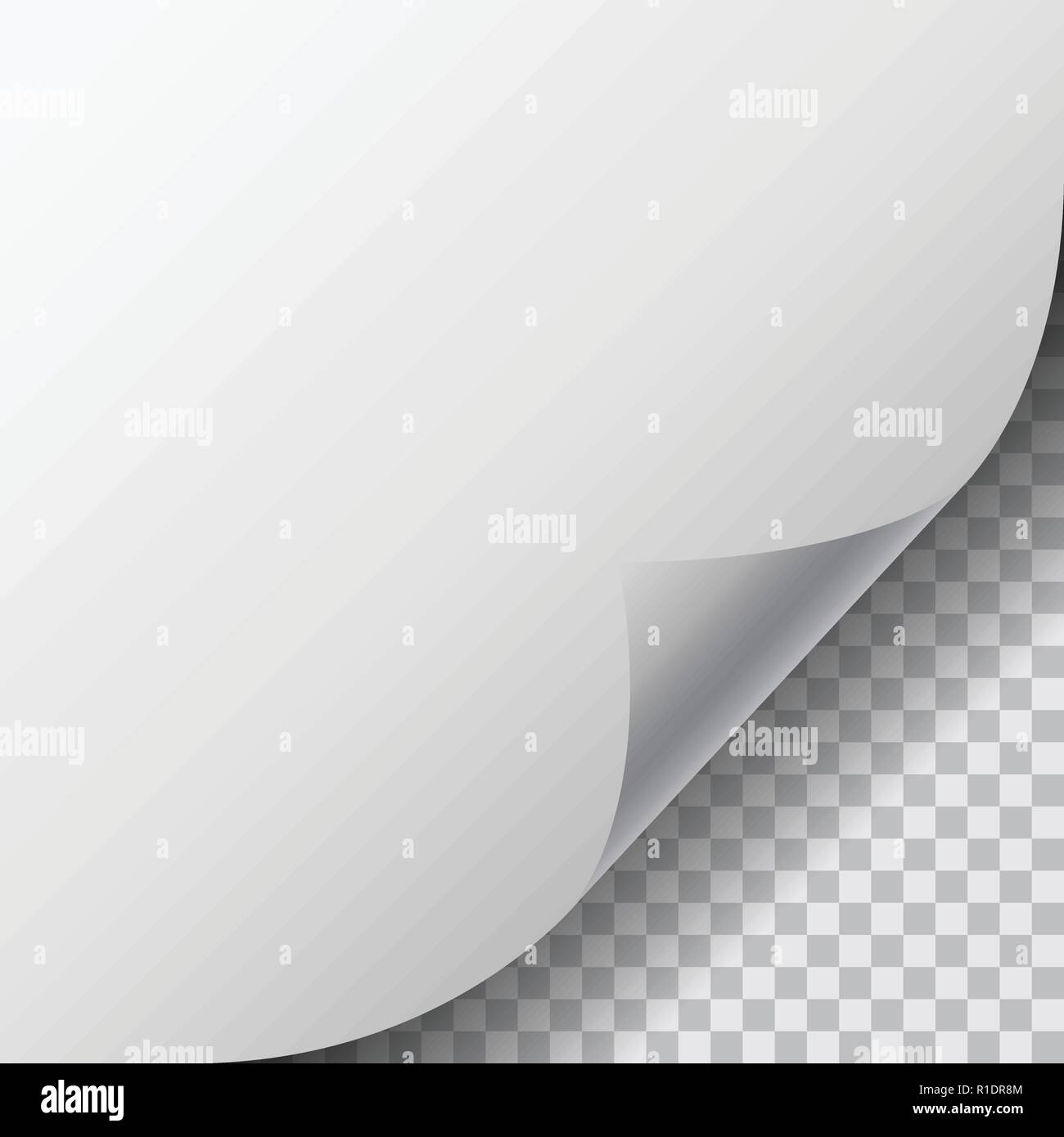 Realistic illustration of a blank white page with curled corner and ...