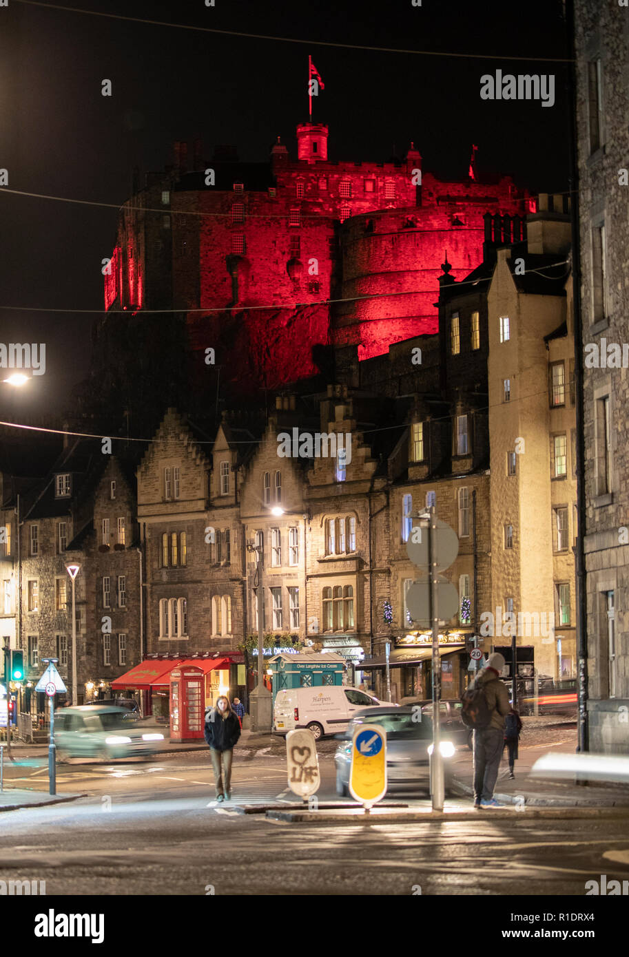 Edinburgh Castle is illuminated with red light to mark Remembrance ...