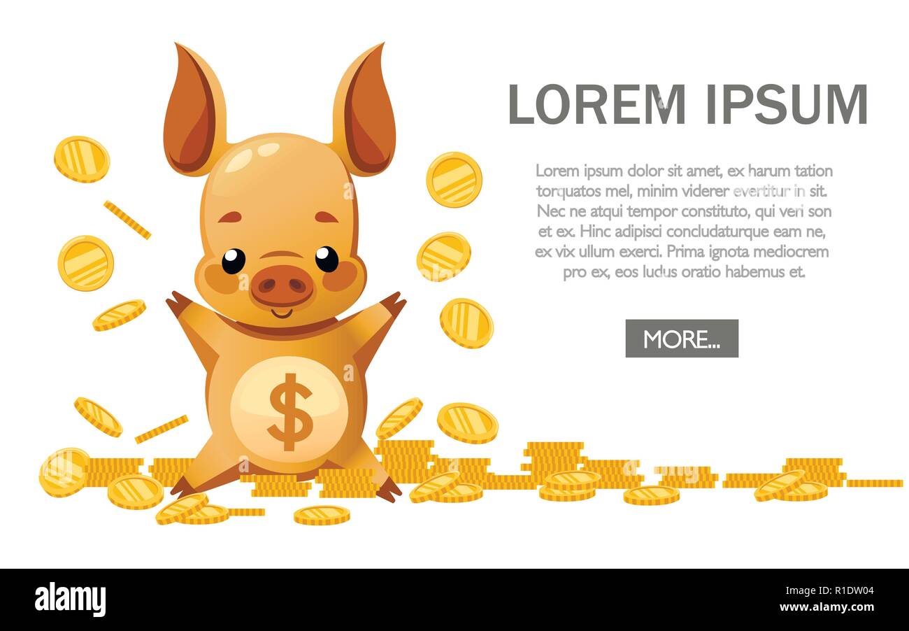 Cute piggy bank. Cartoon character design. Little pig play with gold ...
