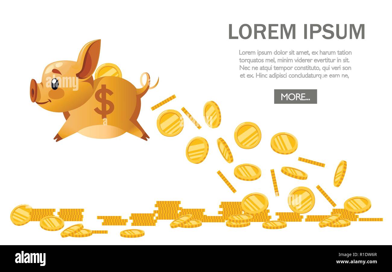 Golden flying piggy bank drop golden coins. Money rain. Saving money ...
