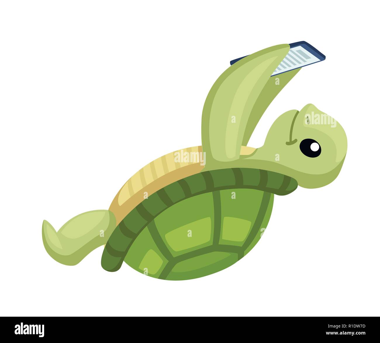 Happy cute turtle play with smartphone. Turtle is lying on its back ...