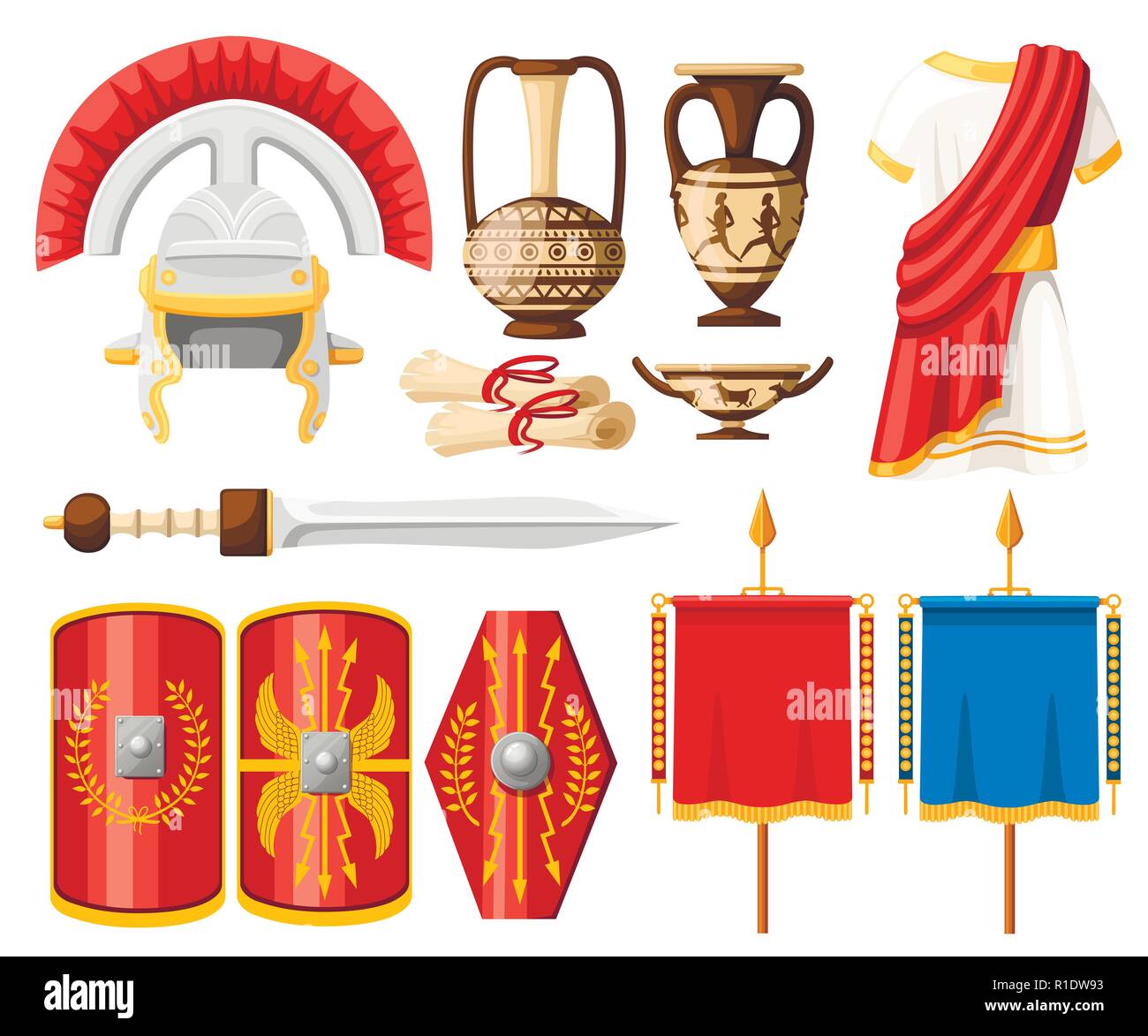 Collection of ancient Roman icons. Clothes, gladius, scutum, scrolls ...