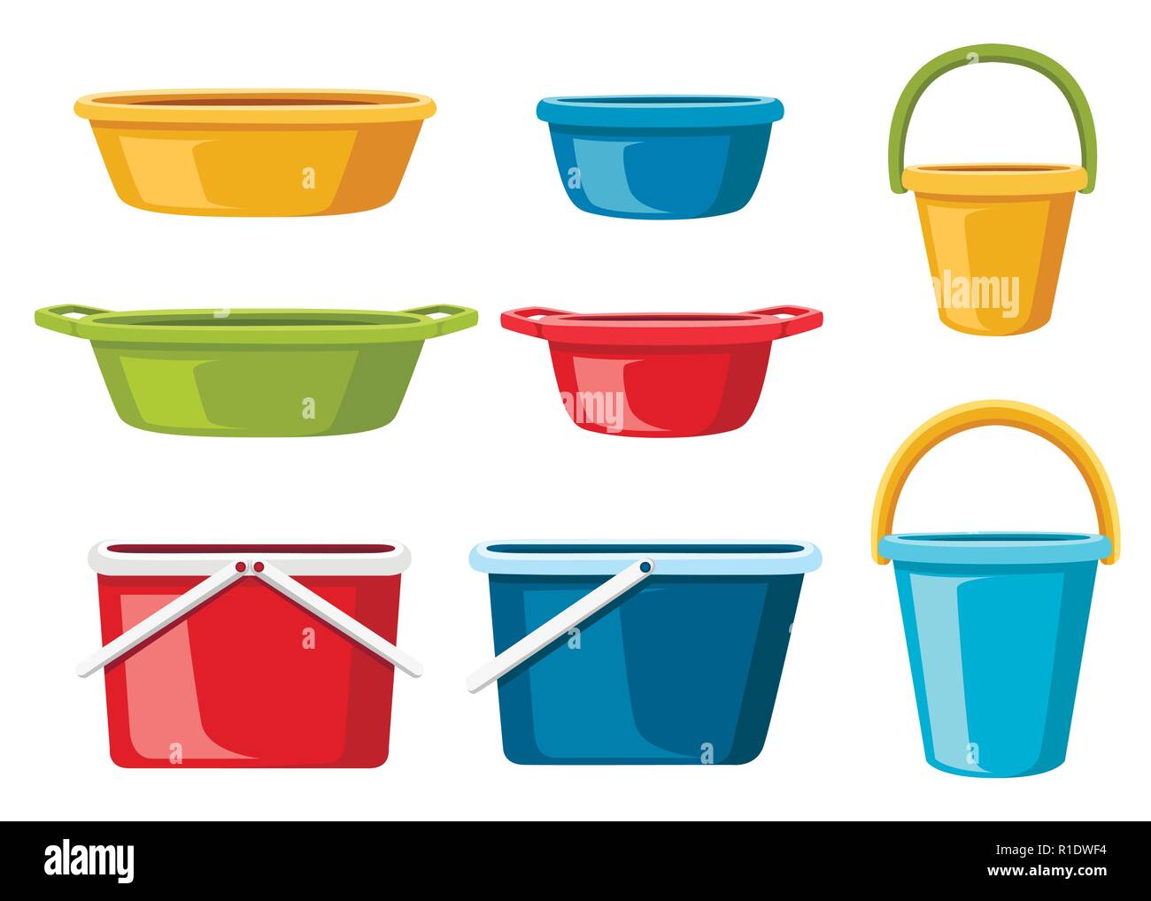 Collection of water containers. Water buckets and basins. plastic ...