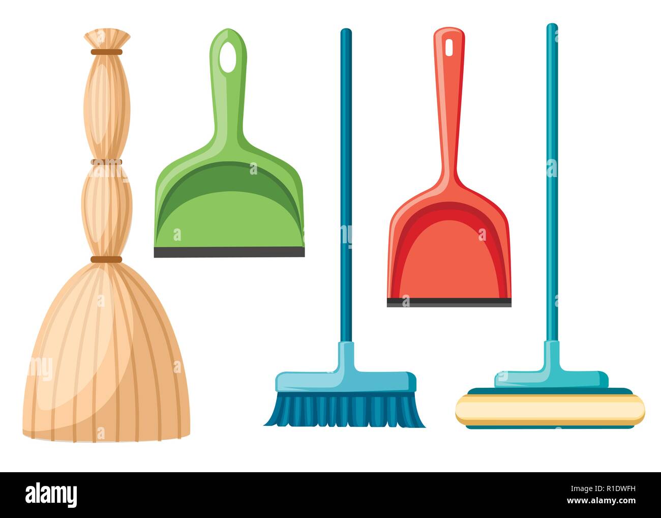 Collection of household cleaning utensil. Broom, mop, scoop. Flat ...