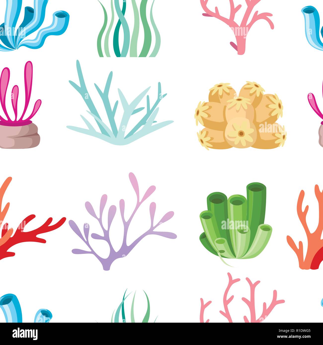 Seamless pattern. Collection of colorful corals and seaweed. Deep sea ...
