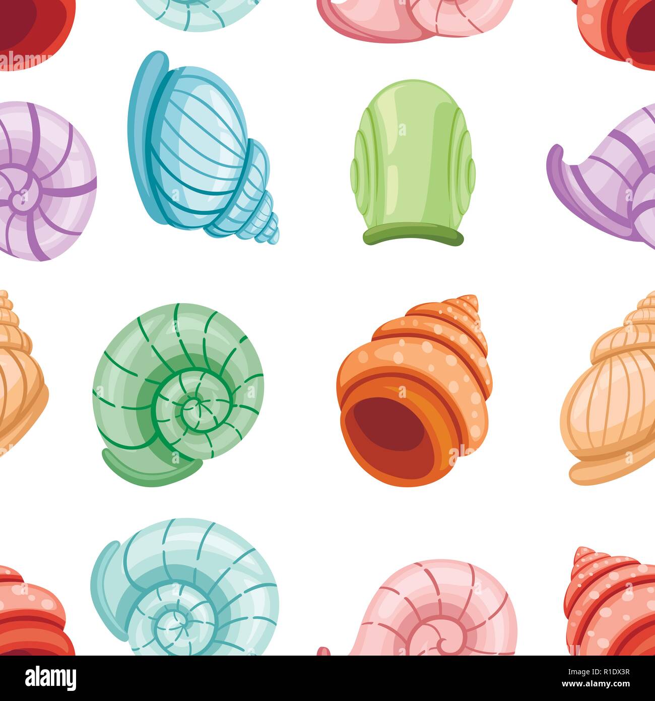 Seamless pattern. Colorful set of snails shells. Different shapes and colors. Archaeological ...