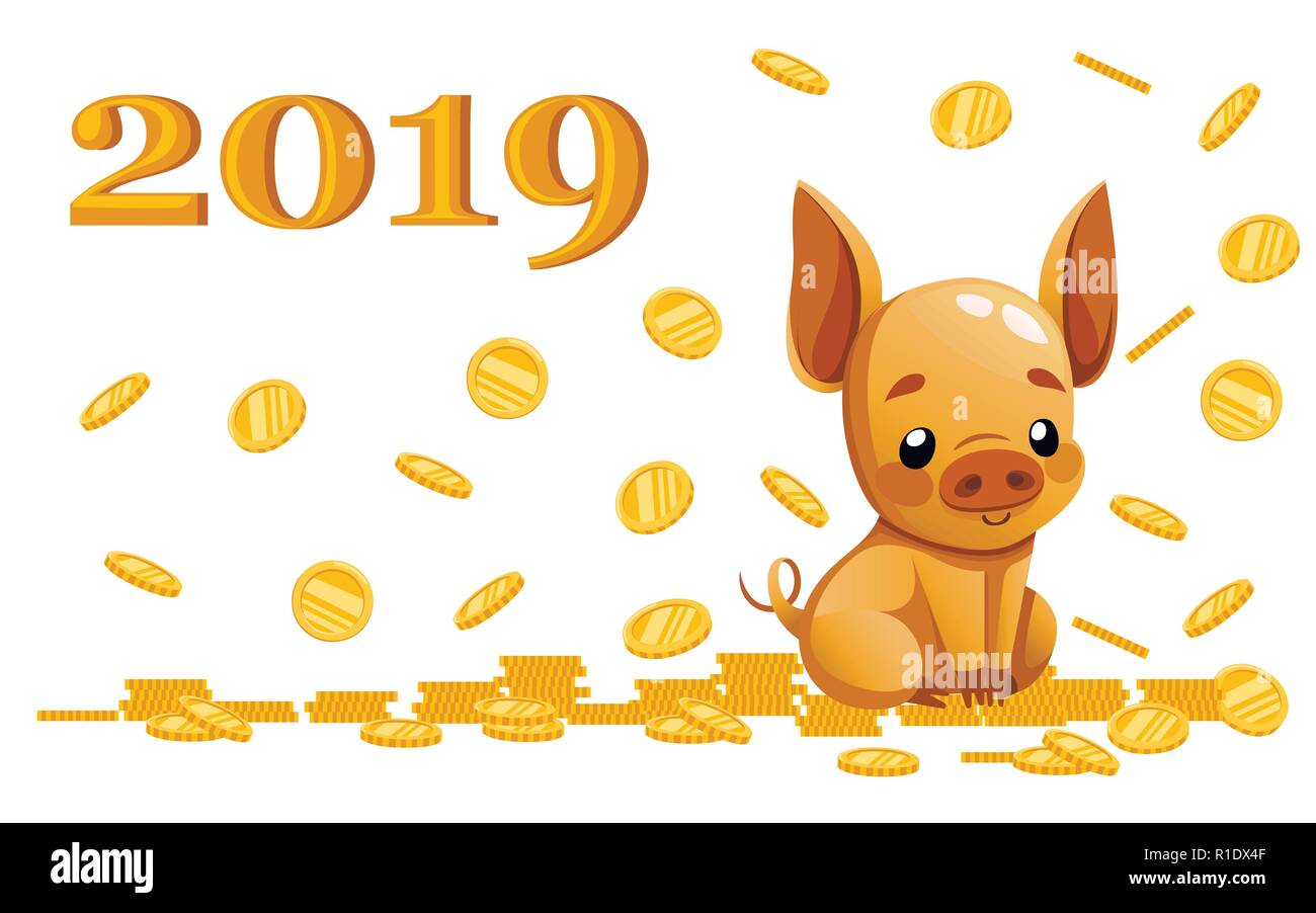 Cute piggy bank. Cartoon character design. Little pig sit with gold ...