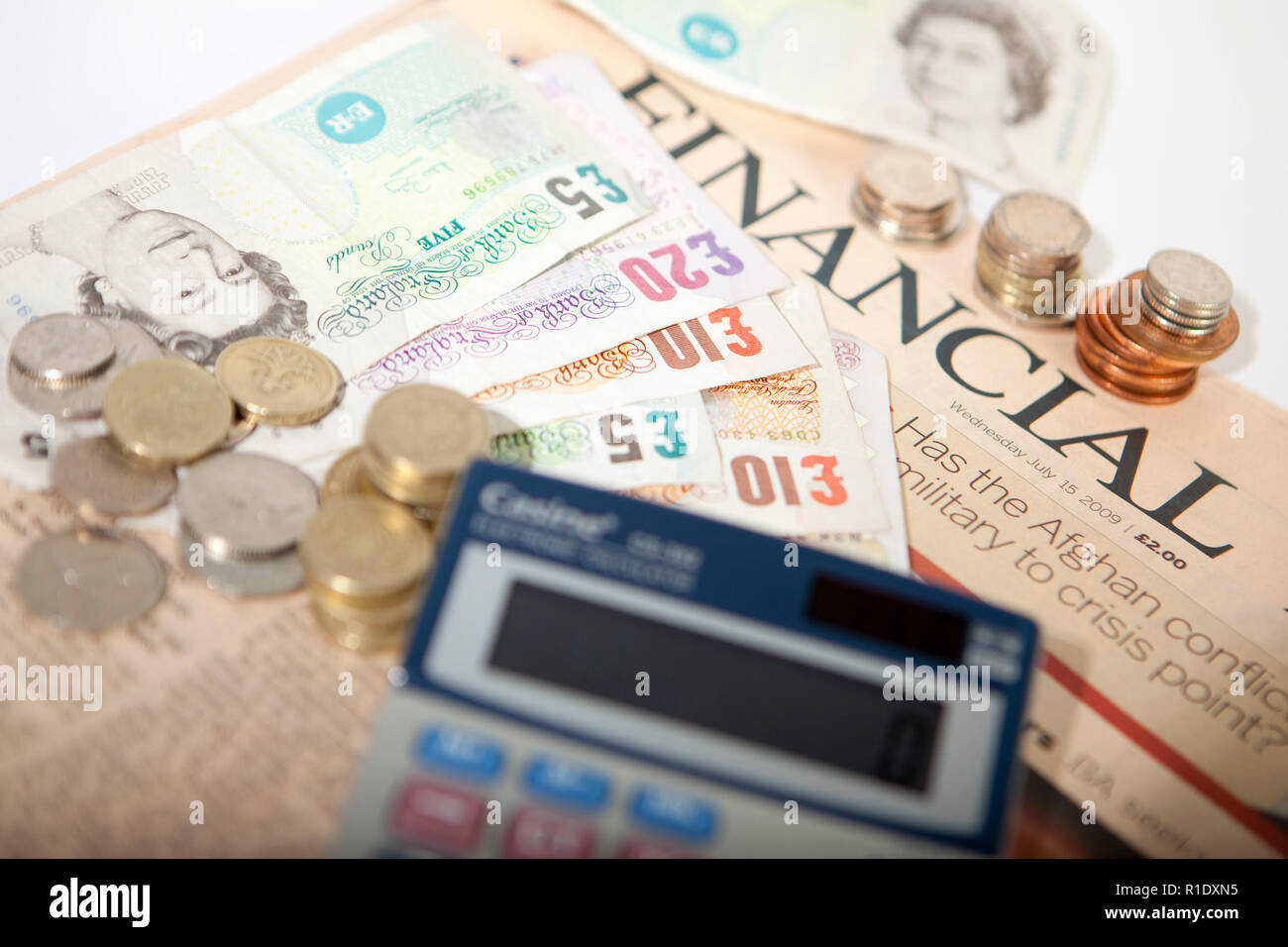 Illustrative image of various denomination sterling pound notes and ...