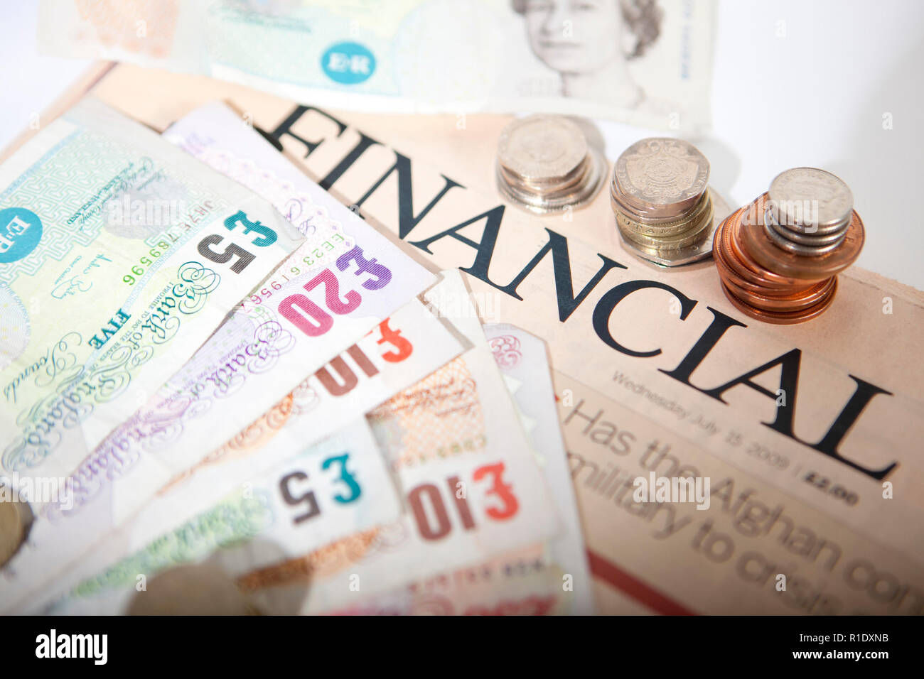 Illustrative image of various denomination sterling pound notes and ...