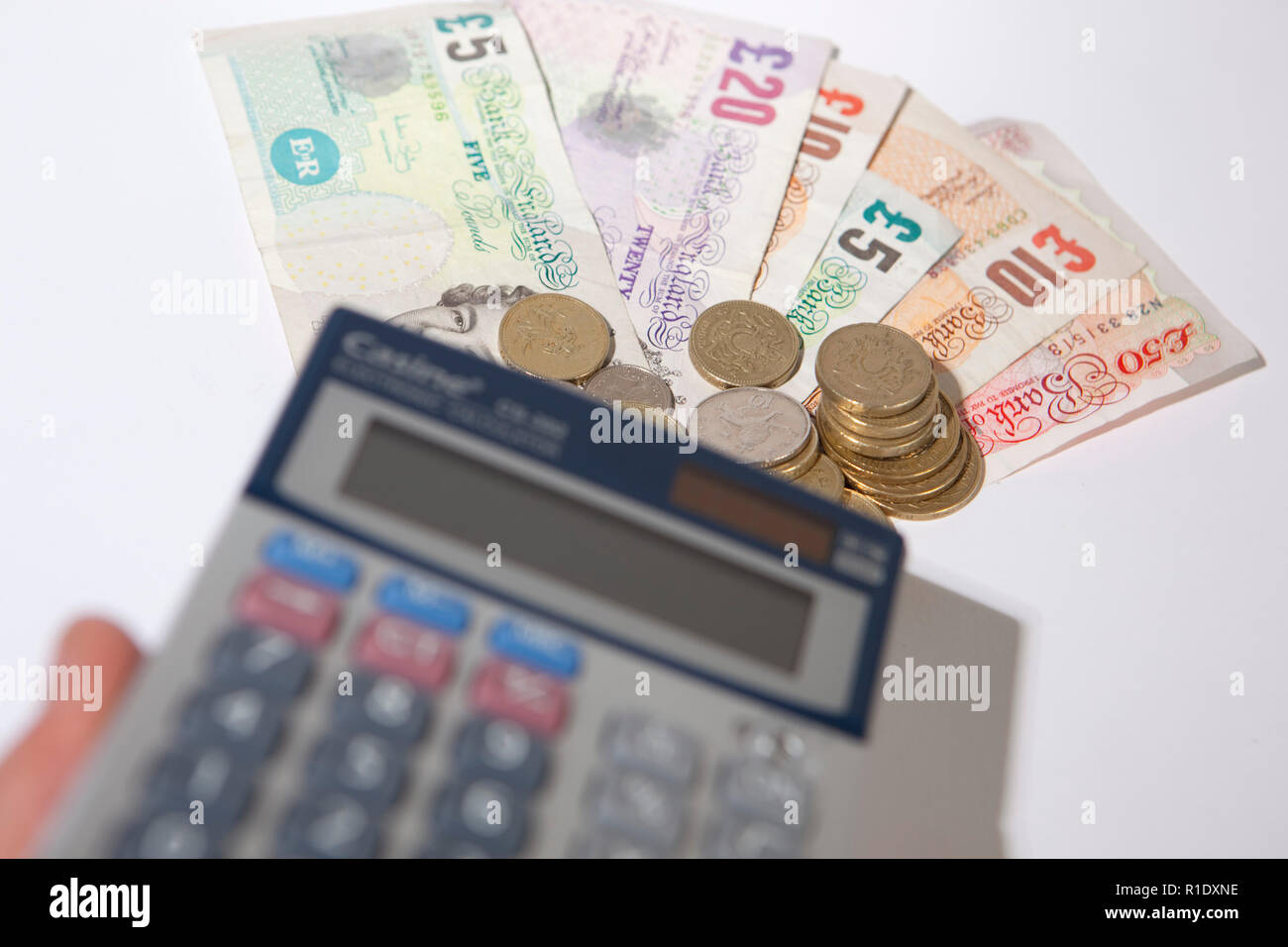 Illustrative image of various denomination sterling pound notes and ...