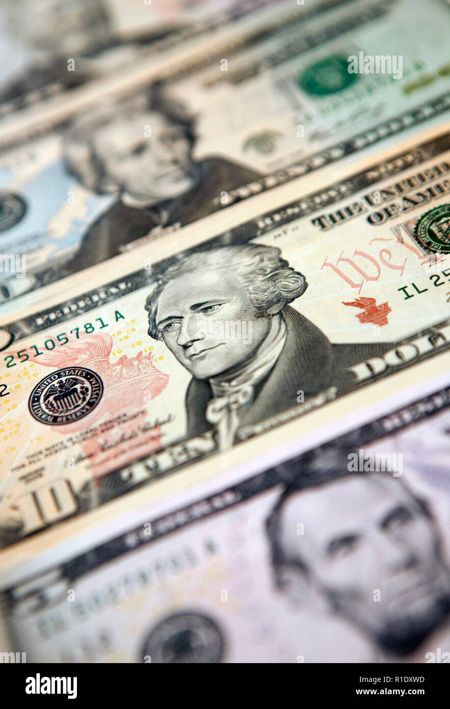 Illustrative image of various denomination US dollar bills Stock Photo ...