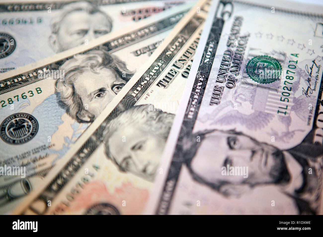 Illustrative image of various denomination US dollar bills Stock Photo ...